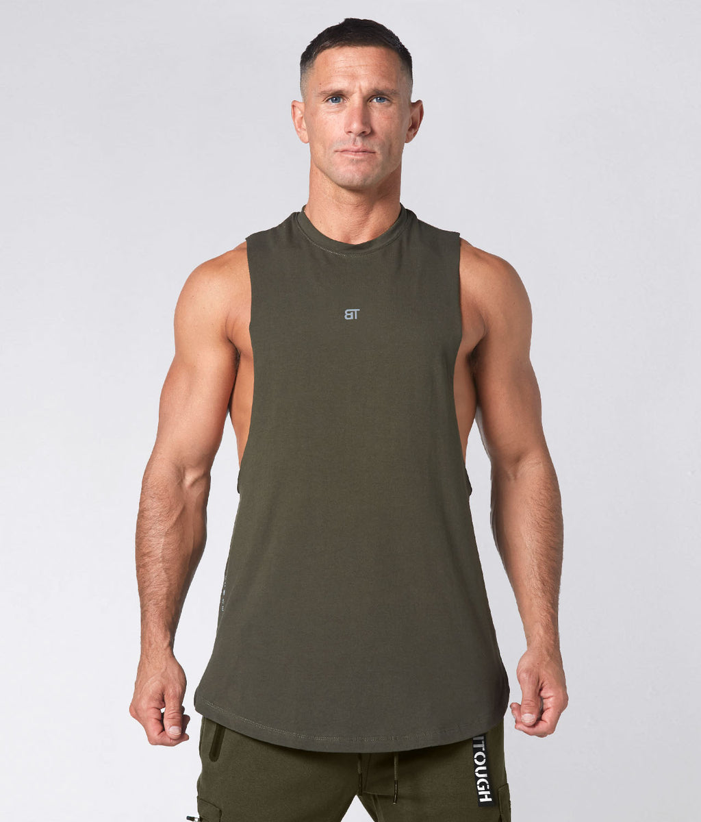 1800. Viscose Oversized Cutoff Gym Workout Tank For Men Military Green ...