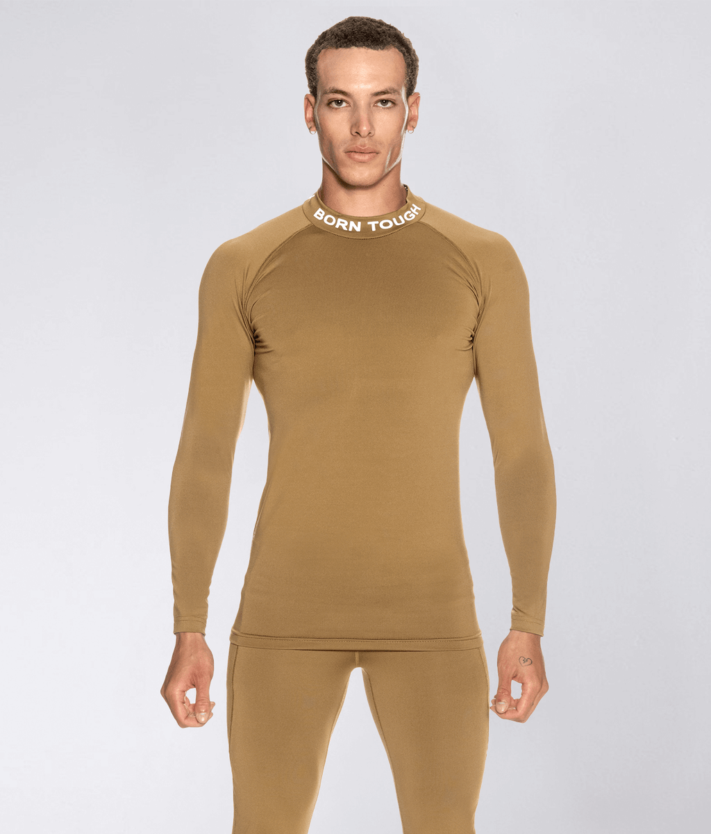 Born Tough Mock Neck Long Sleeve Khaki Gym Workout Compression Shirt ...